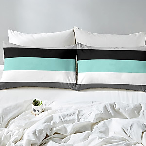 Erosebridal Adults Patchwork Turquoise Striped Twin Duvet Cover Teal Black Gray Bedding Set Modern Geometric Stripes Comforter Cover Soft Lightweight Quilt Cover for All Season with 1 Pillow Case