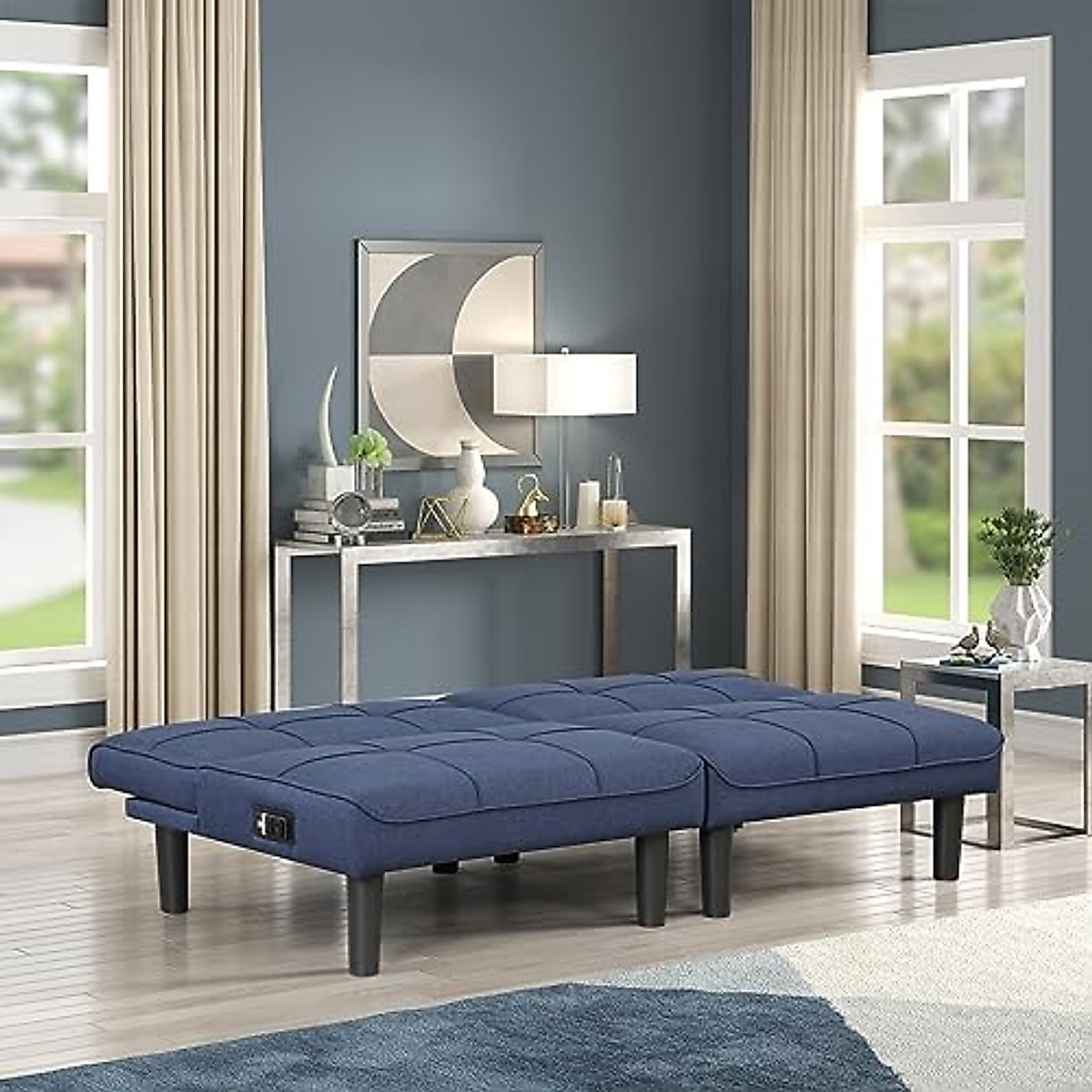 JUBILOOM Comfy Mini Couches, Small Recliner Futon with Adjustable Backrest (USB Ports), Single Mini Couch Small Space, Recliner Chairs for Living Room, Bedroom, Home, Blue, 1Pack, 306BL1USB