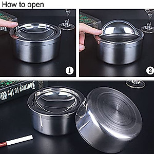Outdoor Ashtray with Lid, hanlongyu Flip Top Stainless Steel Ash Tray Sets for Weed, Metal Windproof Ashtrays for Cigarettes, Smokers, Desktop Smoking Ashtray Office Patio Home Decor
