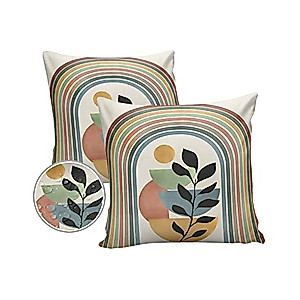 Outdoor Pillow Covers Waterproof, Boho Geometry Throw Pillowcase Decorative Cover, Rainbow Striped Middle Century Northern Europe Garden Cushion Case Set of 2 for Sofa, Couch, Tent, Patio 16"x16"