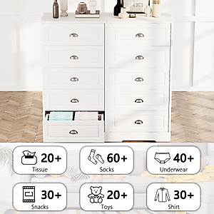 Meilocar Dresser with 5 Drawers, Wood Chest of Drawers, 47in Vertical White Dresser Storage Tower, 5 Drawer Dresser for Living Room, Bedroom, Hallway (White)
