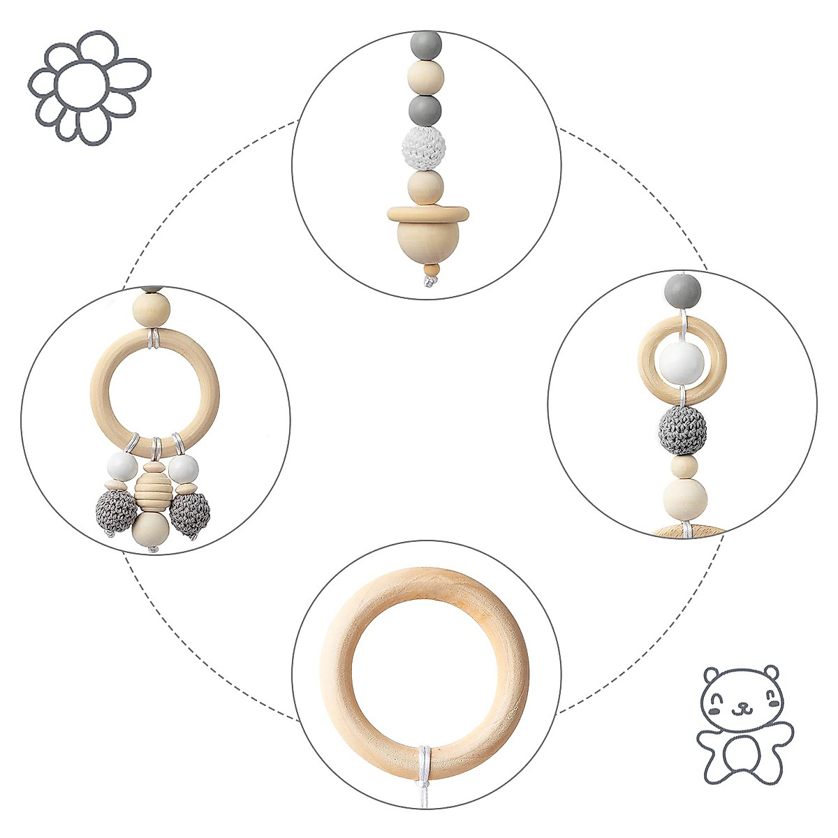 R HORSE 5 Baby Play Gym Toy Set Wooden Hanging Toy for Infant Play Activity Gym Wooden Nursing Pendant Gym Rattles Toy Sensory Birthday Shower Gifts Toys for Newborn Gift