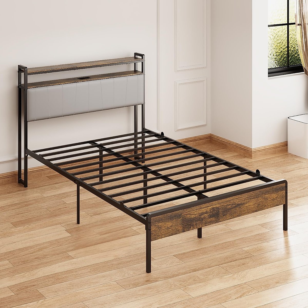 Redlife Full Size Bed Frame with 2-Tier Storage Headboard, Metal Platform Bed Frame with Charging Station & Upholstered, Noise-Free, No Box Spring Needed, Easy Assembly, Rustic Brown