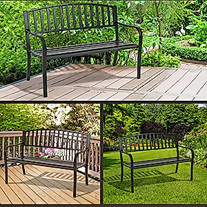 Tangkula 50 Inch Outdoor Steel Garden Bench Park Bench, Patio Chair Garden Bench with High Back & Rustproof Armrests, Ideal Bench for Lawn, Yard, Porch, Deck & Poolside