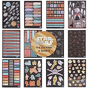 Star Wars x Erin Condren Classic Sticker Book - 254 Stickers Total. 12 Mixed Metallic Sticker Sheets. 5" x 7.75". Fun and Functional Star Wars Designs by Erin Condren.