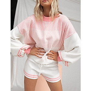 VDWIP Women's Casual Striped 2 Piece Knitted Outfits Crewneck Wide Leg Pullover Knit Shorts Sweater Set (White-M)