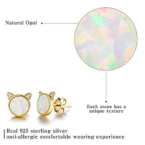 ✦Earrings for Women✦ Esberry 14k Gold Earrings Sterling Silver Opal Cat Stud Earrings Cat with Natural Stone Gifts for Women.(Yellow Gold-White Opal)