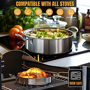 AuFranc® 4 Quart Tri-ply Stainless Steel Stockpot with Glass Lid, Induction Stock Pot Compatible with All Cooktops, Non-Toxic Soup Pot with Riveted Handles, Oven & Dishwasher Safe (Silver)