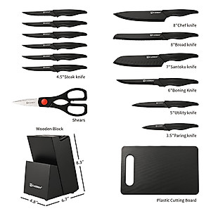 KATISUN 16 Pieces Kitchen Knife Block Set with Cutting Board, German Stainless Steel Knife Set with Sharpener, Dishwasher Safe, Anti-Slip Handle, 6 Steak Knives, Black