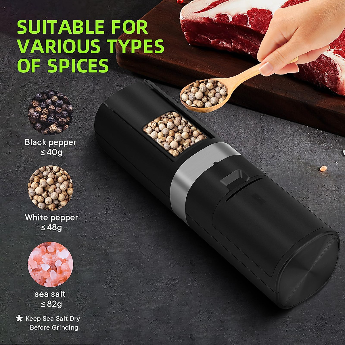 𝙉𝙀𝙒 POSHPEAK Electric Salt and Pepper Grinder Set (2 Pack), Battery+USB Rechargeable 2 in 1, Auto Seasoning Mills W/Dual Charging Base, One Hand Operation, Adjustable Coarseness Shakers, LED Light
