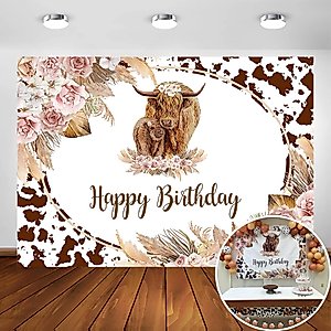 Avezano Highland Cow Birthday Backdrop Brown Highland Cattle Cows Birthday Party Decorations Floral Farm Cow Print Photography Background for Boys and Girls Cake Table Banners Props (7x5ft)