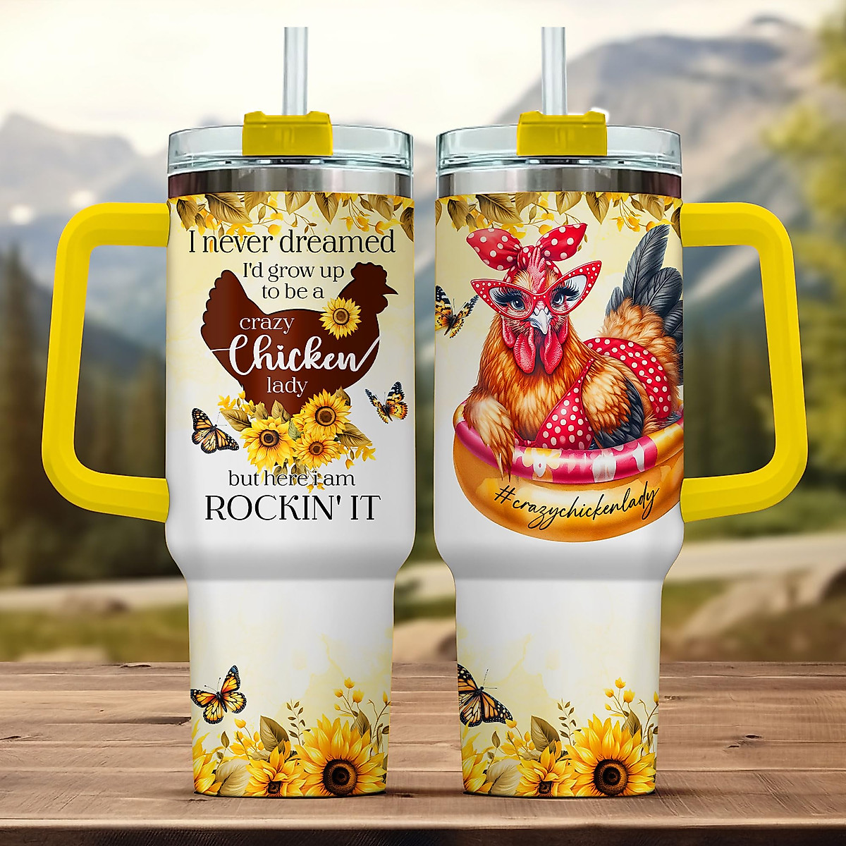 99OWL Crazy Chicken Lady Sunflower, Tumbler 40 Oz With Handle Lid And Straw, Chicken Gifts, Yellow Tumblers Coffee Cups Breed Handle Boss Swig Lovers Spring Women Butterfly