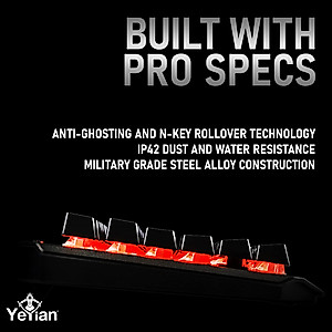 YEYIAN ASWARD Mechanical Gaming Multimedia Keyboard, 104 RGB LED Backlit 16M Color Keys, OUTEMU Red Hot-Swappable Switches, Cherry MX Equivalent, 18 Modes, 50M Keystrokes, Steel Frame, Braided Cable