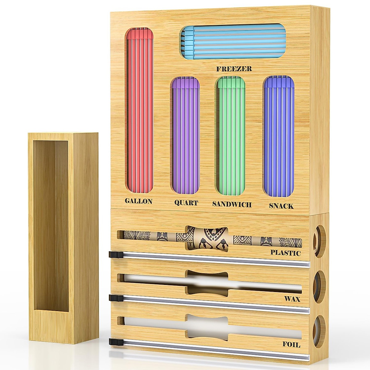 HOSTENU Storage Bag Organizer for Kitchen Drawer, 9 in 1 Foil and Plastic Wrap Dispenser with Cutter, Bamboo Plastic Baggie Organizer for Gallon, Quart, Sandwich, Snack & 12"" Rolls, Orange