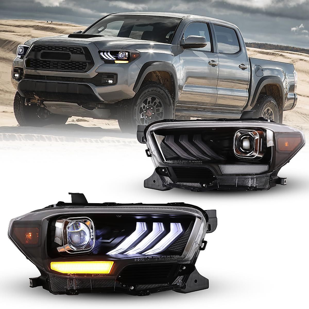 Winjet LED Headlights Assembly Fit For 2016-2019 Toyota Tacoma, Led Headlamp For 2020-2023 Tacoma (SR, SR5, TRD Sport models only), Tacoma Front Lamp w/Led High& Low Beam (Matte Black/Clear Lens)