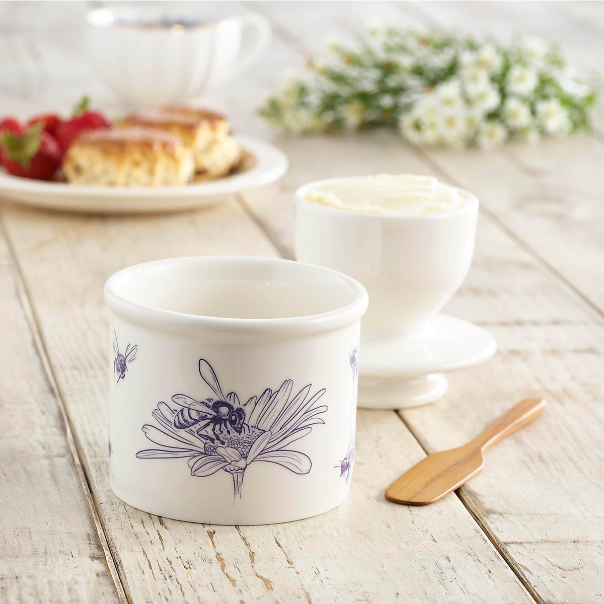 Butter Bell - The Original Butter Bell crock by L Tremain, a Countertop French Ceramic Butter Dish Keeper with Lid for Spreadable Butter, Farmhouse Collection, Honey Bees, Blue & White