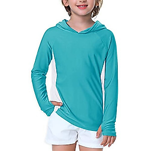 Kids Hooded Swim Shirt Long Sleeve Boys Girls Solid Color Rash Guard Tops Uv Protective Athletic Shirts Aqua White 7-8 Years
