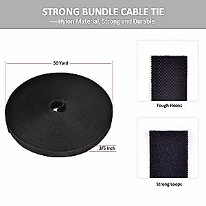 150ft*3/5in Cable Ties, Wire Cord Straps Management, Self-fastening, Wrap Anything, Cut to Any Length, Reusable, Sturdy, Double Side Nylon Hook and Loop, for Communication, Office, Home, Black