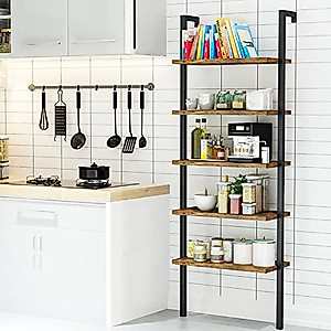 AWQM 2PCS Ladder Bookshelf, 5-Tier Bookcase Wall Mounted Bookshelf with Metal Frame,Modern Ladder Shelf Bookcase Wall Shelves Open Display Storage Shelves for Home, Office,Black & Walnut