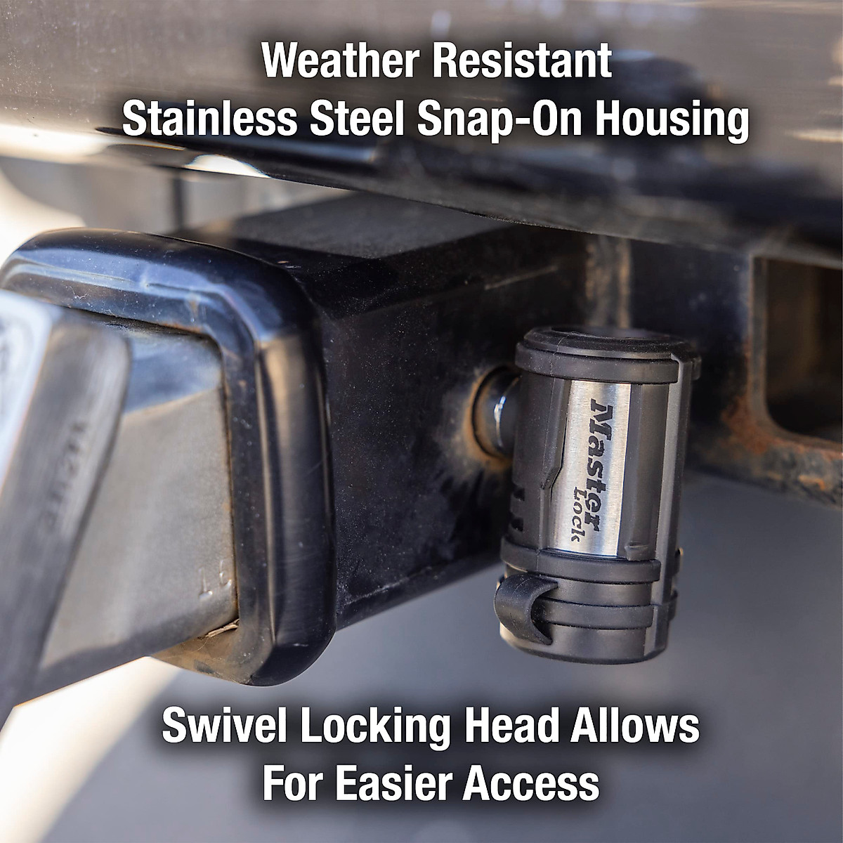 Master Lock Receiver Lock, 1/2 in. and 5/8 in. Swivel Head Receiver Locks, Weather Resistant Automotive Receiver Lock with Keys, 2866DAT