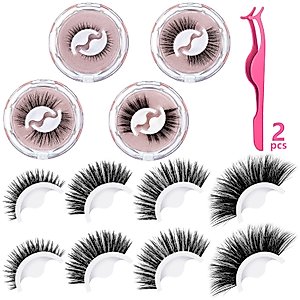 Reusable Self Adhesive Eyelashes lashes No Glue or Eyeliner Needed Easy to Put On, Stable Non Slip Waterproof False Lashes with 2 Eyelash Tweezers for Women Makeup Gift, 4 Pairs (Regular Style)