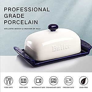 AVLA Ceramic Butter Dish with Lid, Porcelain Butter Keeper Container for Countertop, Counter, Butter Tray Holder For Butter Storage, Perfect for East and West Butter, Holds 1 Stick, Cobalt Blue