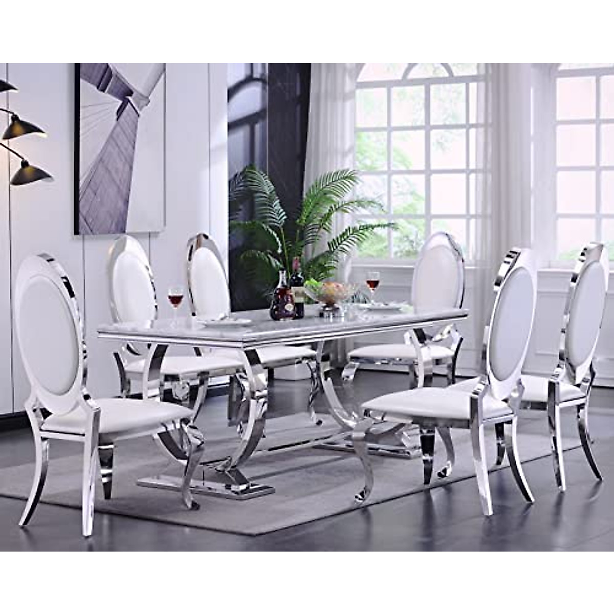 ACEDÉCOR Modern Dining Room Table with Silver Stainless Steel Metal U-Base in Grey Silver
