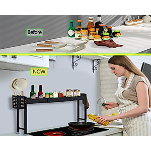 Horynar Over Stove Spice Shelf for Kitchen Spice Rack Organizer with Extra Basket and Hooks Black Spice Rack Shelf Great for Stove Top Shelf