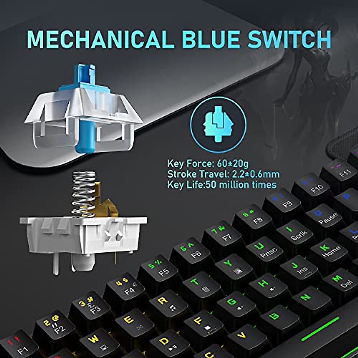 60% Mechanical Gaming Keyboard, Blue Switches, Rainbow LED Backlight Compact Wired Keyboard, TKL Wired Keyboard, Programmable Macro, RGB Mouse 6400 DPI , for PC Gamers and Office Typists (Black)