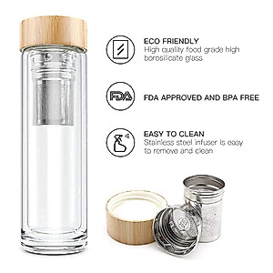 COMI Tea Bottle, 14 oz, Borosilicate Glass, Double Wall, Infuser & Strainer, Bamboo Lid, 400ml