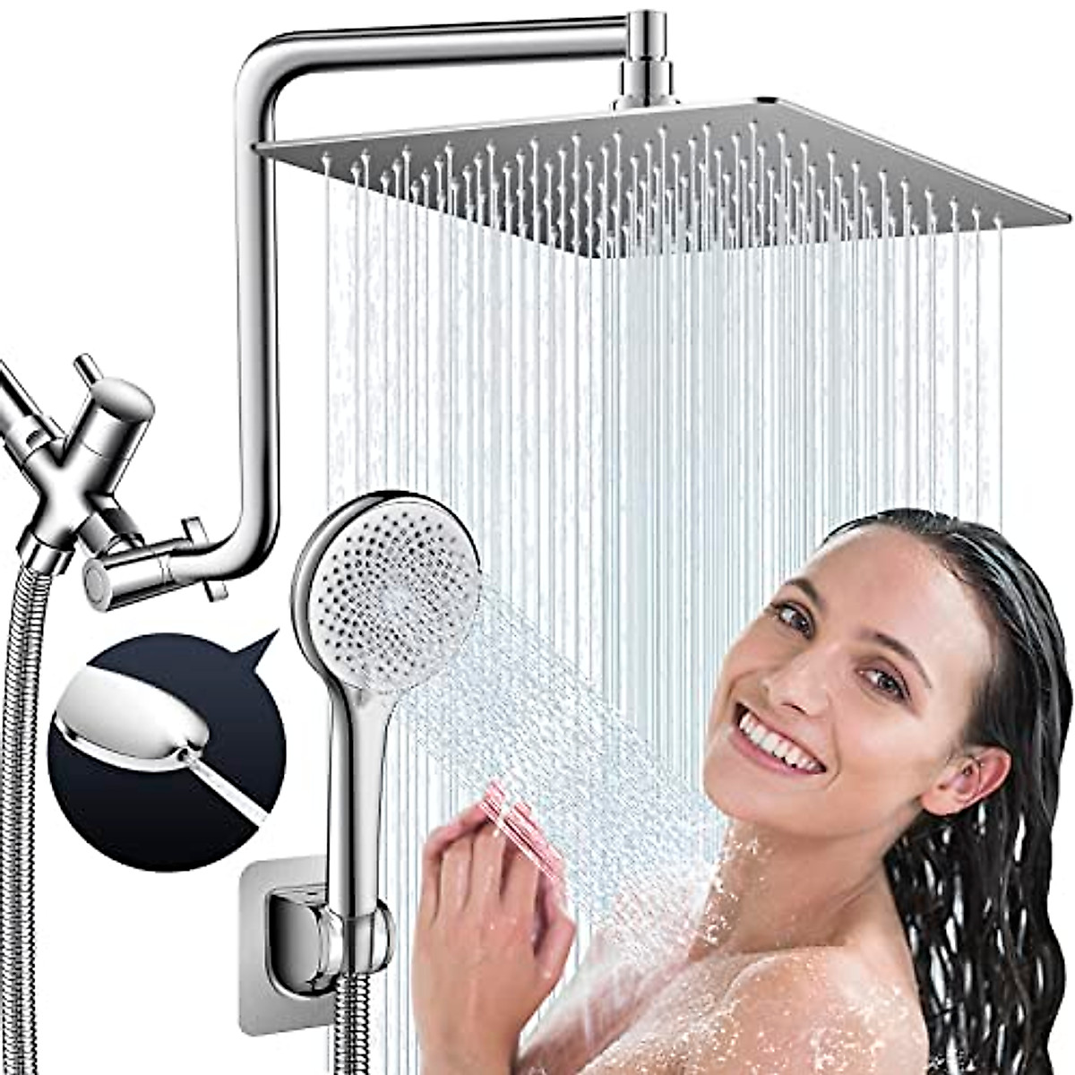 Shower Head High Pressure, 10" Rain Shower Head with Handheld Combo, with Upgraded 12" Adjustable Curved Shower Extension Arm, 4 Settings Handheld Shower Built-in Power Wash, Height/Angle Adjustable