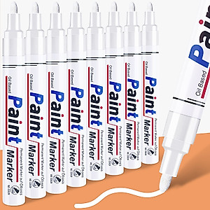 DAPAWIN White Permanent Marker Waterproof - 8 White Paint Markers for Metal Surfaces Tire Black Paper Wood Plastic Rocks Fabric, White Marker Permanent, Oil Based Paint Markers White Medium Tip