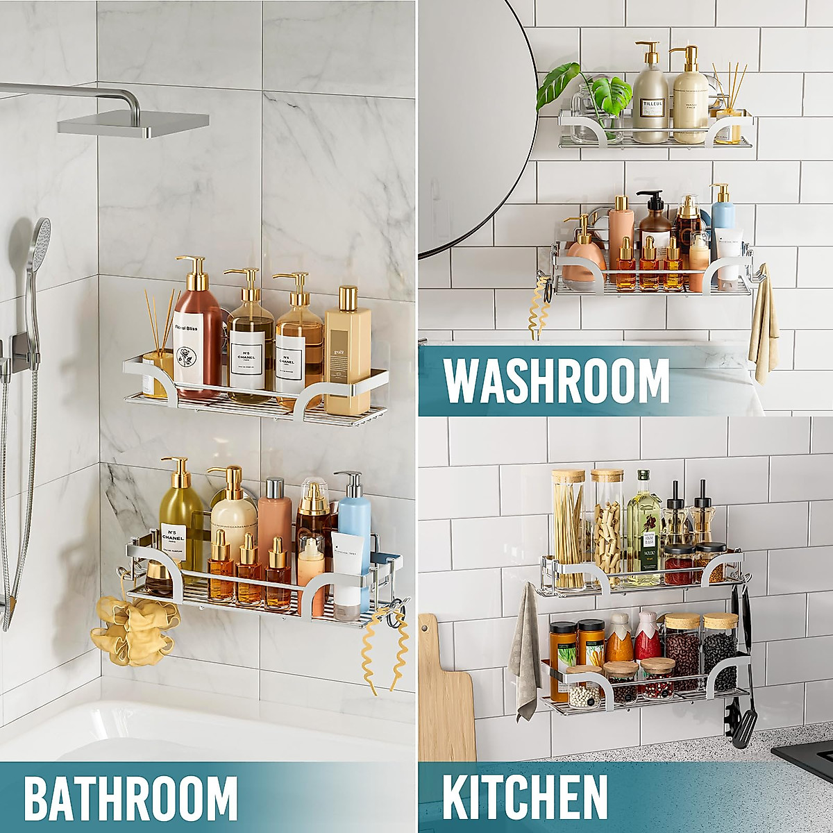 TAILI Shower Caddy Suction Cup 2 Pack, Heavy Duty Bathroom Shower Organizer, No Drilling Shower Shelves for Inside Shower, Stainless Steel Silver Shower Holder Organizer for Bathroom