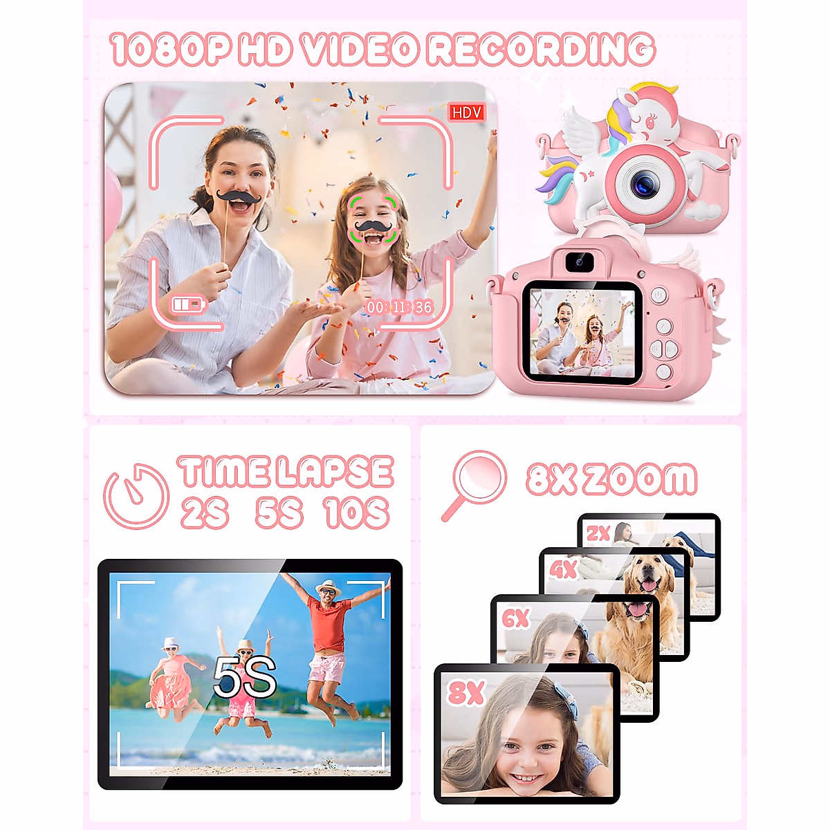 Kids Camera -Kids Camera for Girls,Christmas Birthday Gifts for Girls Portable Toy for 3 4 5 6 7 8 9 Year Old Girl Selfie 1080P HD Video Camera with 32GB Card -Pink