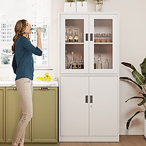 Yizosh Metal Storage Cabinet with Glass Doors - 71" Locking Display Cabinet with 2 Adjustable Shelves, 4-Tier Tall Steel Cabinet Locker for Kitchen, Living Room, Dining Room (White)