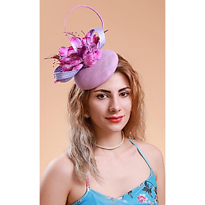 Cizoe Fascinators Hat for Women Kentucky Derby Headpiece Tea Party Hats Feather Wedding Headware Bridal Headpiece(lavender)