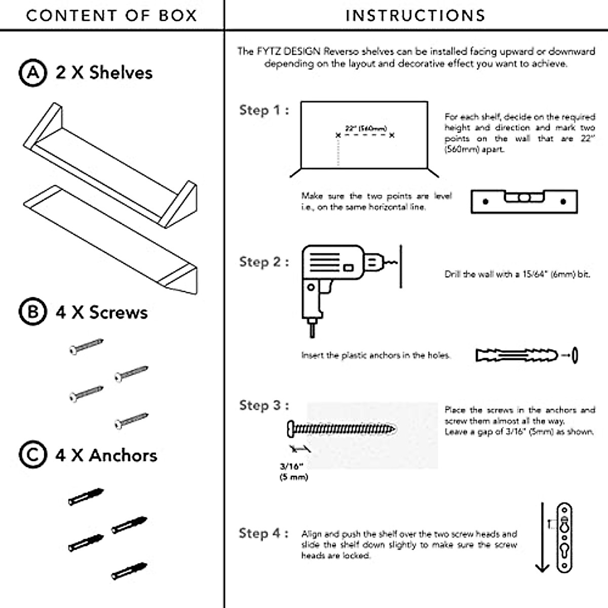 Fytz Design Reversible White Floating Shelves - Set of Two White Floating Shelves for Wall in Living, Bedroom, Bathroom, Kitchen, and Office - D