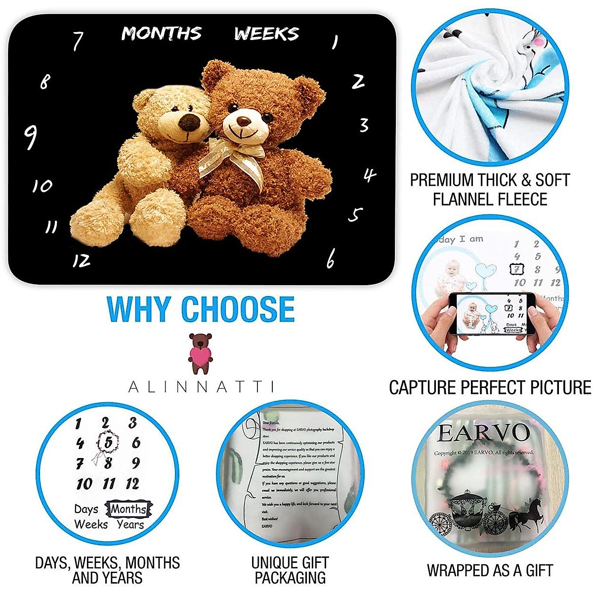 EARVO Cute Bear Baby Monthly Milestone Blanket Boy or Girl Baby Month Blanket Black Background Milestone Blanket for Newborn to 12 Months Milestones 47”x40”BTXYEA51