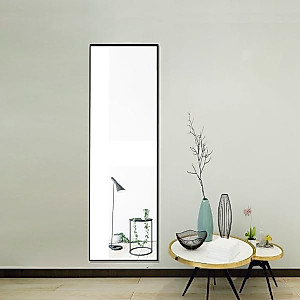 Black Full Length Floor Mirror with Stand for Bedroom and Bathroom Large Wall Hanging Mirror with Shatterproof for Living Room and Closet Aluminum Alloy Frame, Big Size, Free Standing, Gym Mirror