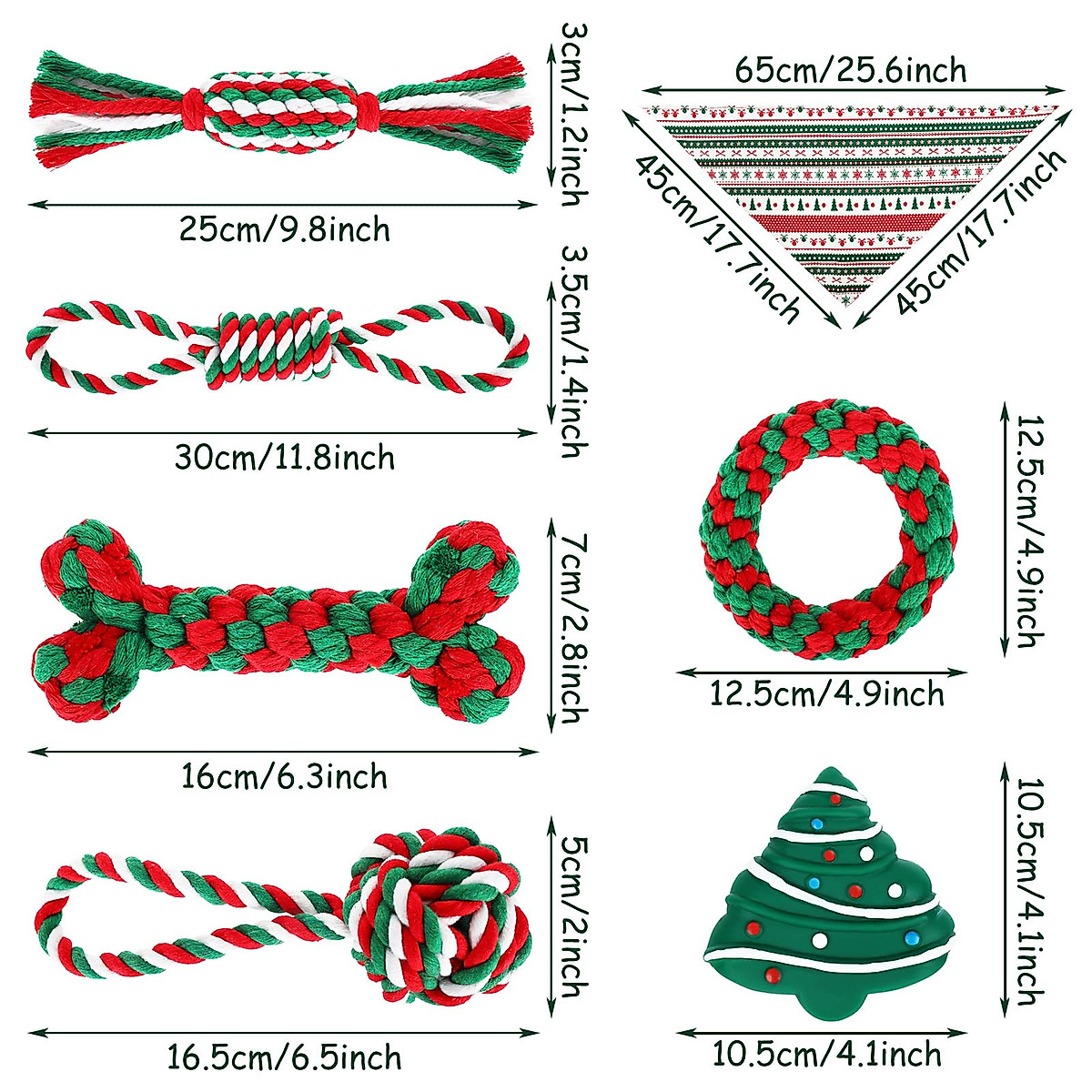 Whaline 7Pcs Christmas Pet Toy Kit Include Chewing Toys, Dog Bandana and Xmas Tree Squeak Toy Red Green Candy Bone Ball Shape Knot Cotton Rope Chew Toys for Small Medium Large Dog Christmas Pet Gifts