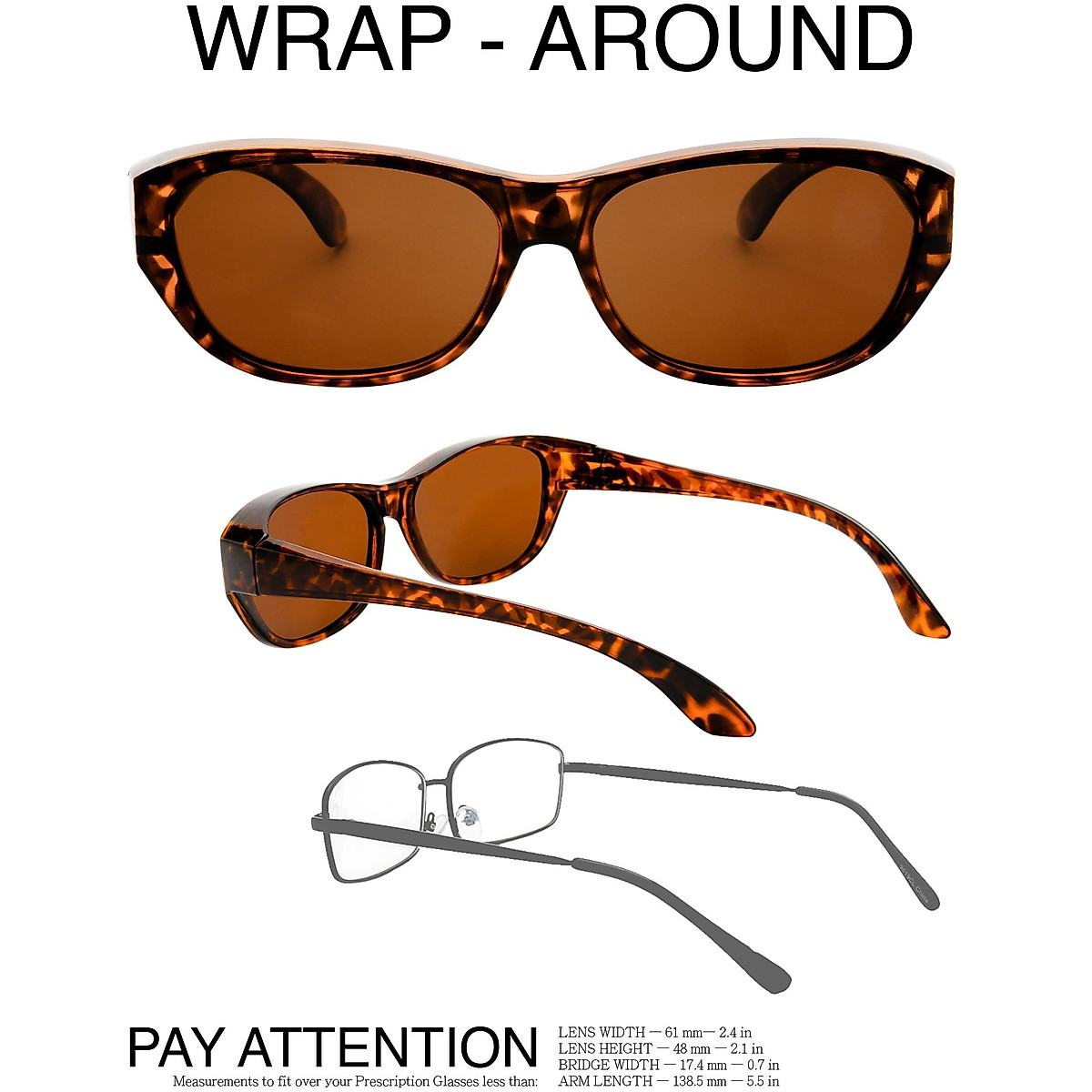 The Fresh High Definition Polarized Wrap Around Sunglasses for Wide Prescription Glasses 64mm Gift Box (F304-Tortoise, Brown)