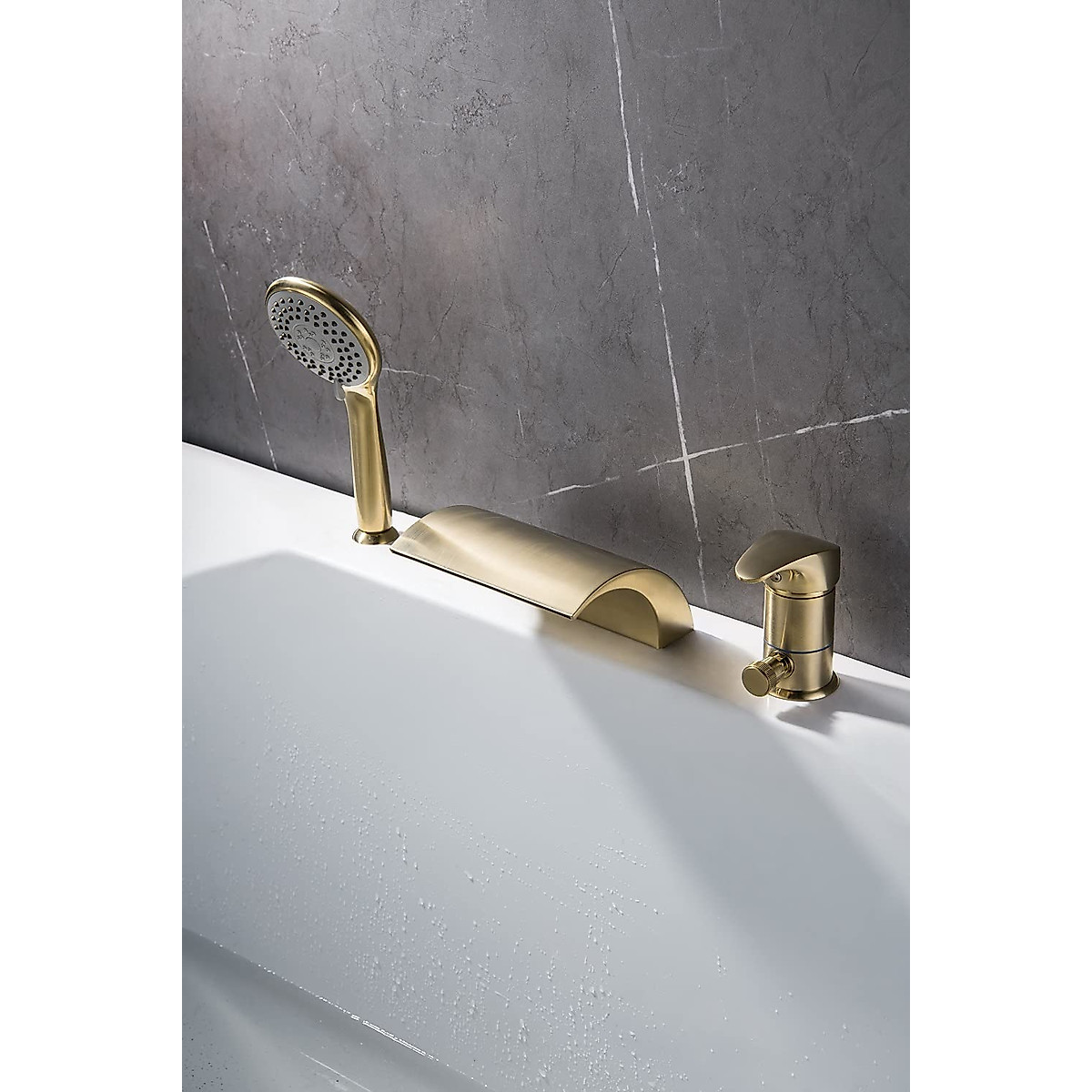 Brushed Gold tub faucet with sprayer Holes with Waterfall Tub Spout Filler with Handheld Shower High Flow