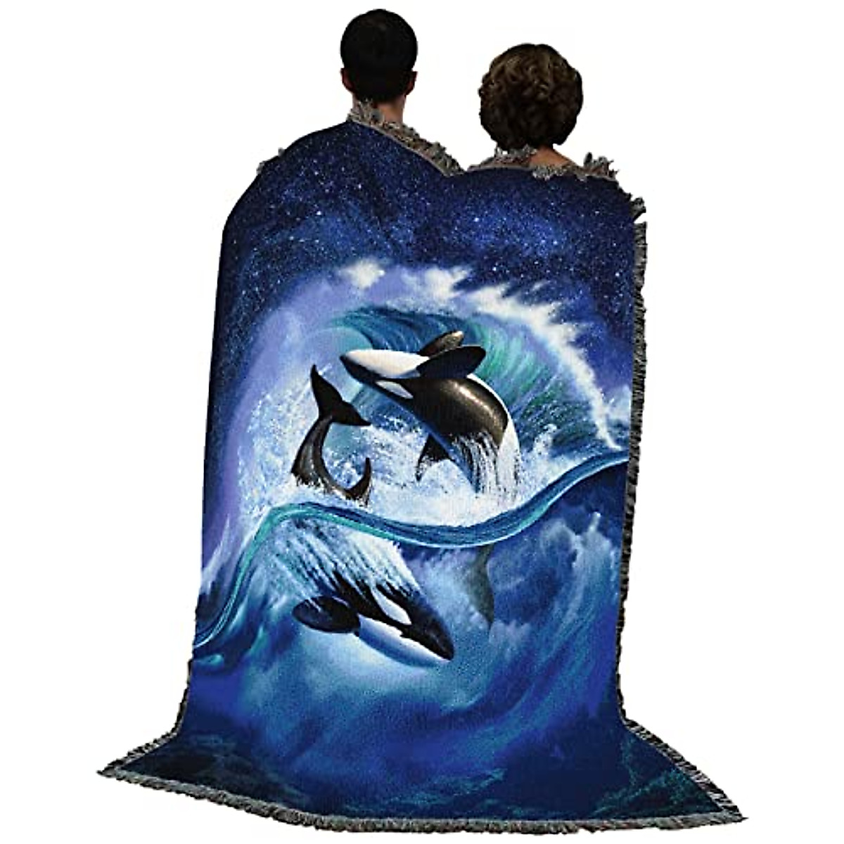 Pure Country Weavers JL Orca Wave Blanket by Jerry LoFaro - Ocean Whales Gift Tapestry Throw Woven from Cotton - Made in The USA (72x54)