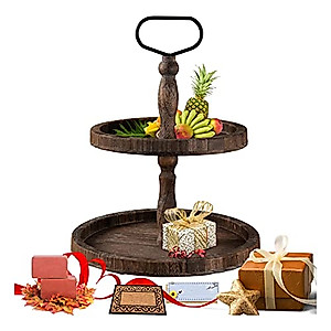 Wooden 2 Tiered Tray ––Elegant Seasonal Decor for Home - Round Serving Tray Tier for Dessert, Coffee Cups, and Garden Essentials –Brown