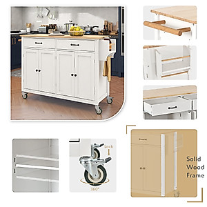 Kitchen Island on Wheels - Moveable Kitchen Island with Solid Wood Top and Locking Wheels, Rolling Kitchen Carts on Wheels with Storage, White