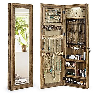 SRIWATANA Jewelry Armoire Cabinet, Solid Wood Jewelry Organizer with Full Length Mirror Wall/Door Mounted(Carbonized Black)