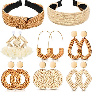 8 Pieces Knotted Rattan Headband Earrings for Women Wide Straw Boho Headbands Twist Knot Hair Accessories Lightweight Geometric Jewelry Beach Tassel Woven Braid Drop Dangle Earrings (Elegant Style)