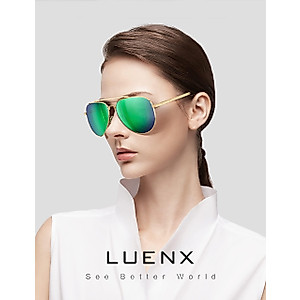 LUENX Men Aviator Sunglasses Polarized Womens Mirror Green Lens Metal Gold Frame Driving Shades Classic Style