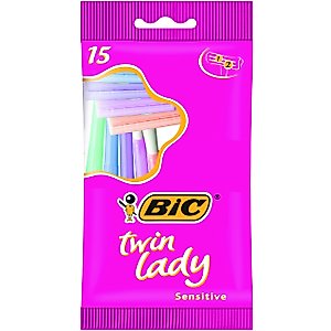 BIC Twin Lady Sensitive Razors, Disposable Razors with Two Blades for a Smooth and Precise Shave, Pack of 15