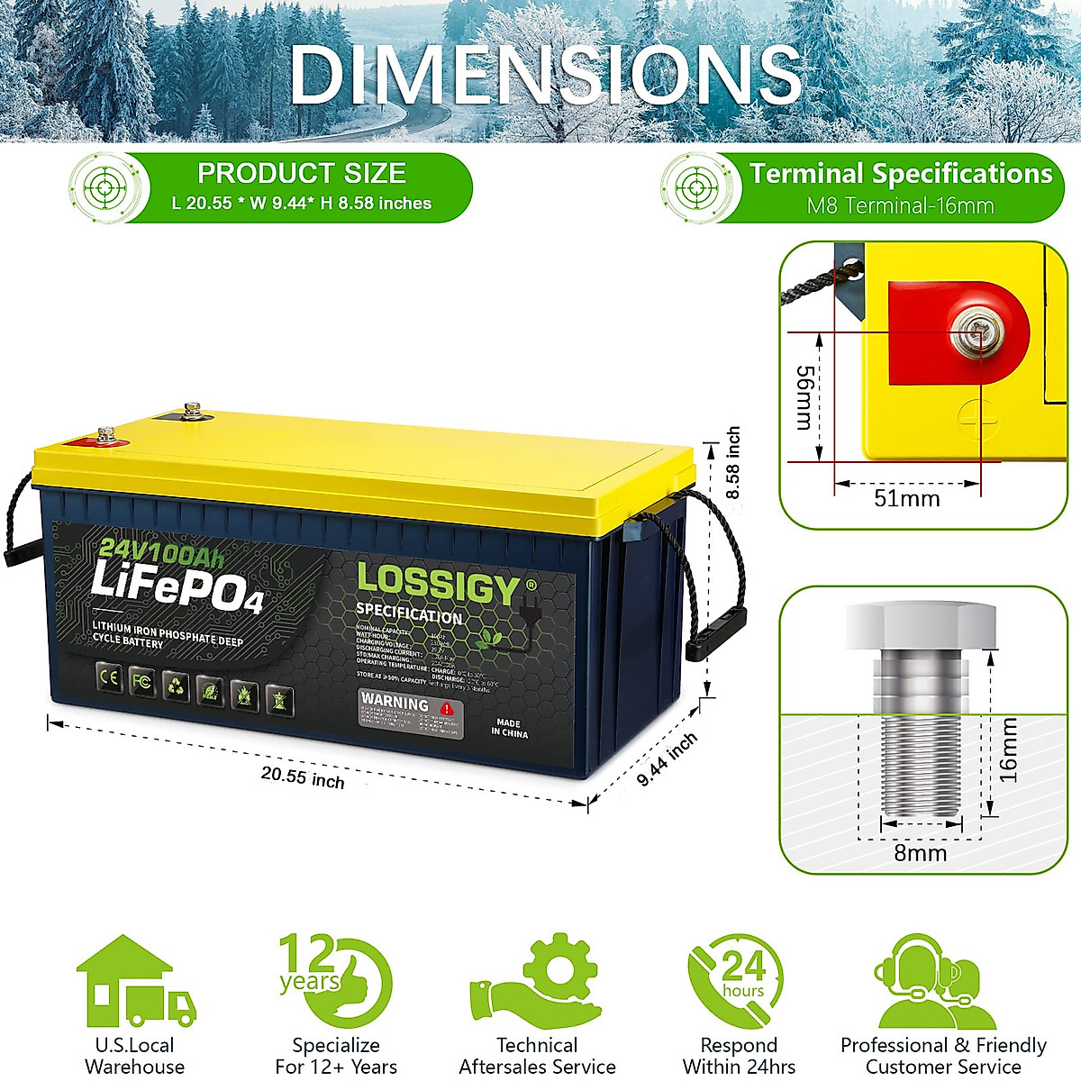LOSSIGY 24V100Ah LiFePO4 Deep Cycle RV Lithium Iron Phosphate Rechargeable Battery Built-in 100A 2000~5000 cycles 2560Wh BMS Low Self-Discharge Safer Widely Used In Solar&Wind, Marine, Emergency,Off-Grid
